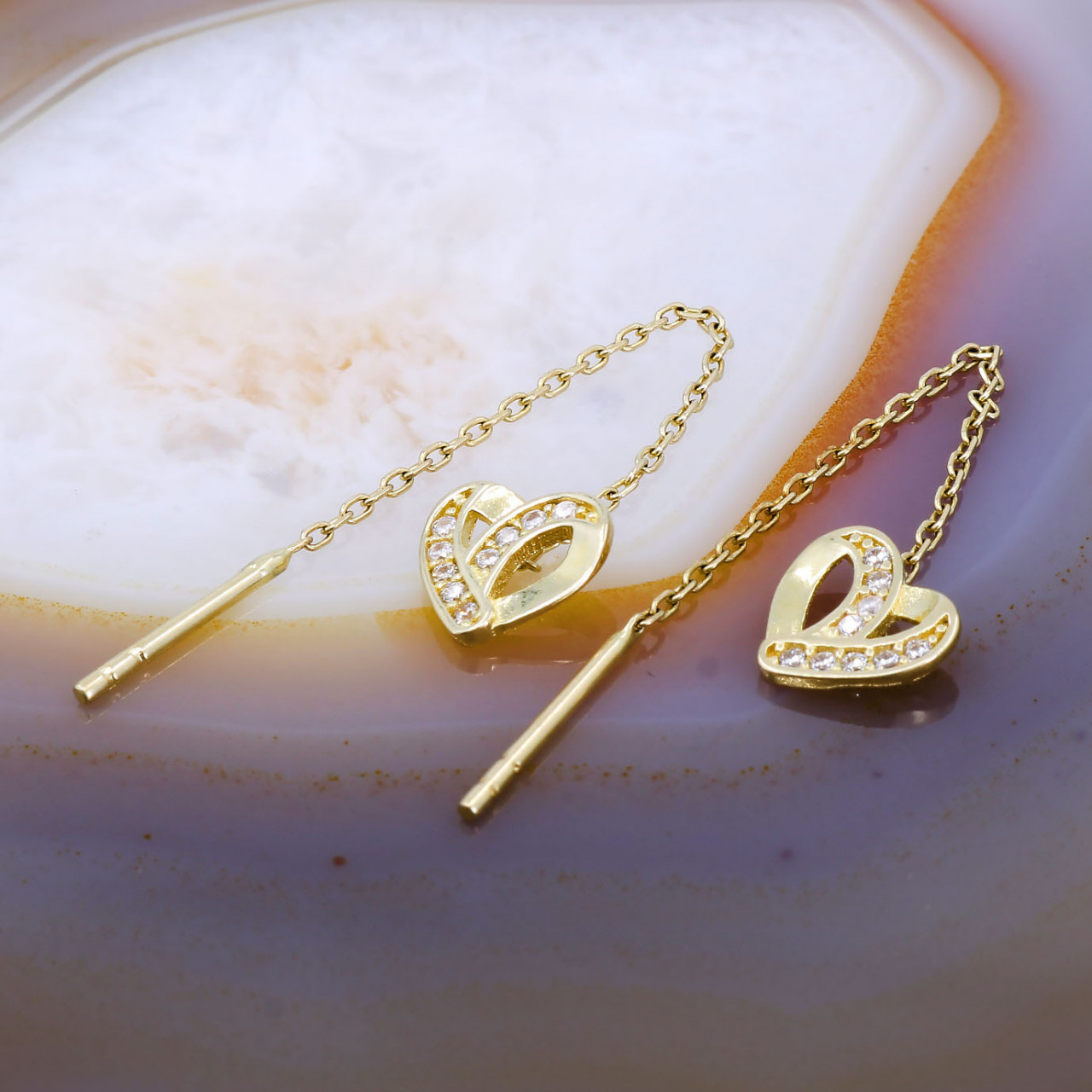 Cercei din Aur 14K 585 model Inima cu fir Lung si Cristale Zirconia c585