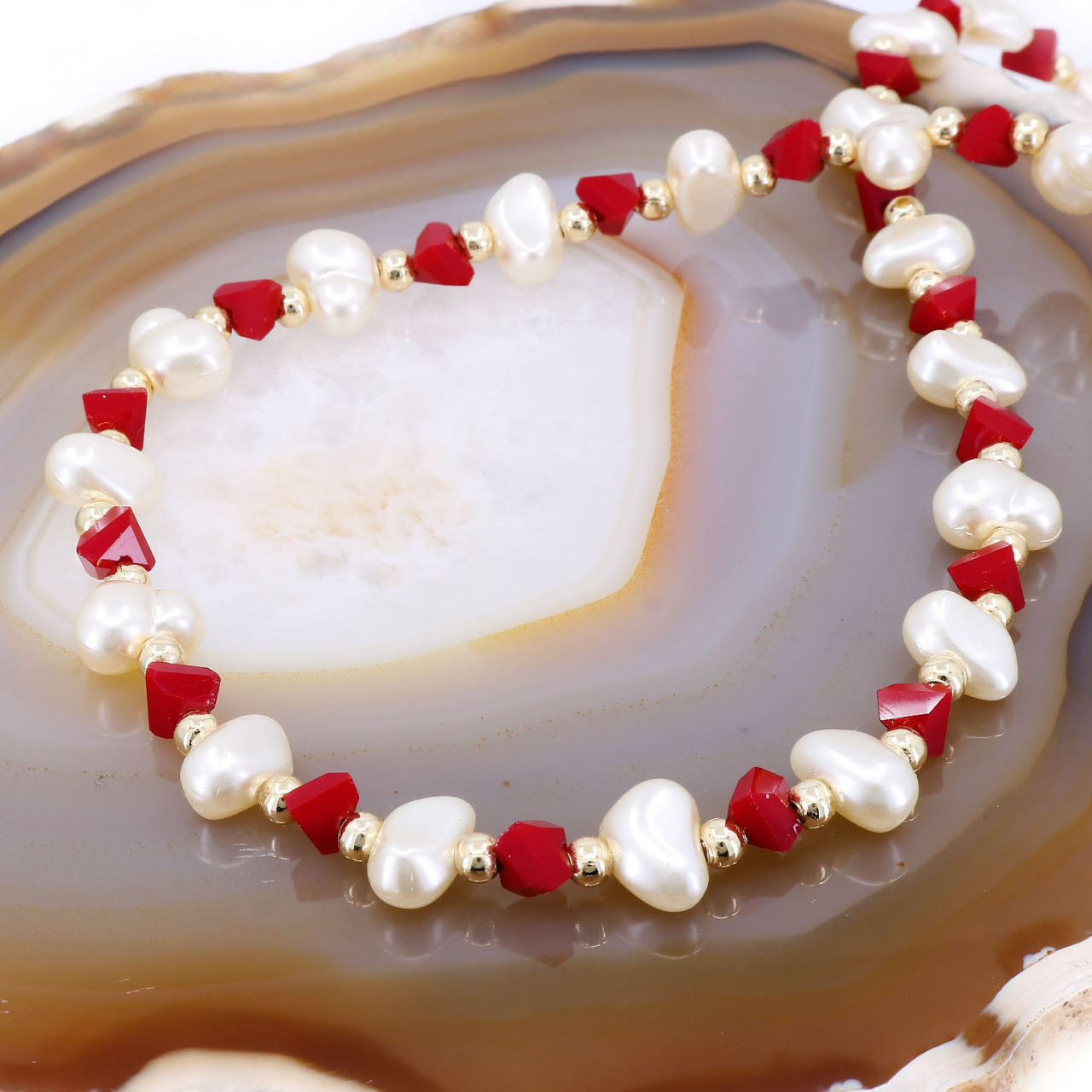 Colier Placat cu Aur Model Perle si cristale Rosii c1123