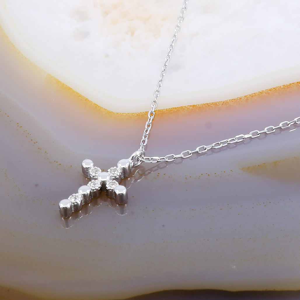 Lant cu Pandantiv din Argint 925 model Cruce Mica cu Cristale Zirconia Albe Clare 1210