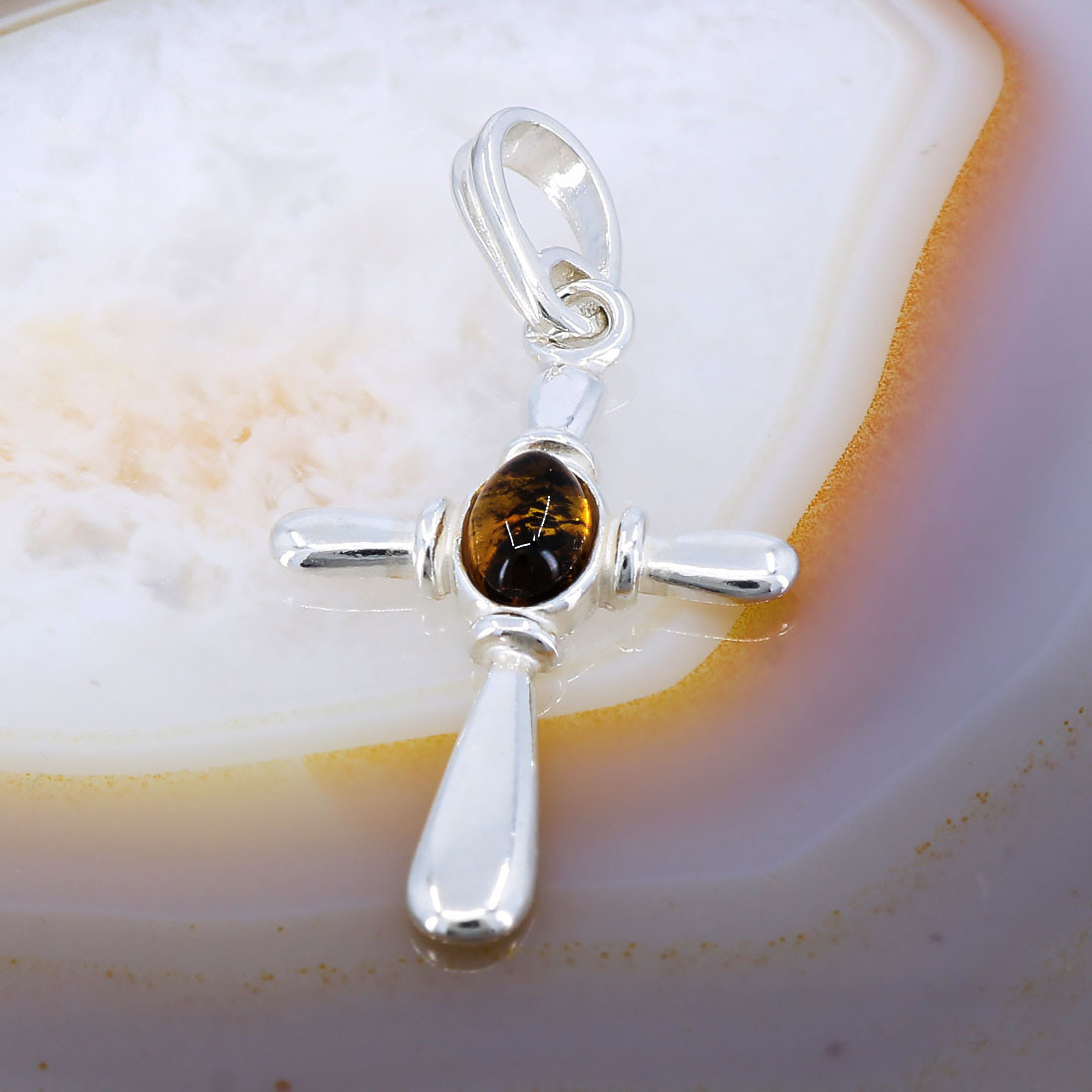 Pandantiv din Argint 925 model Cruce cu Piatra Chihlimbar Galben cod 1084