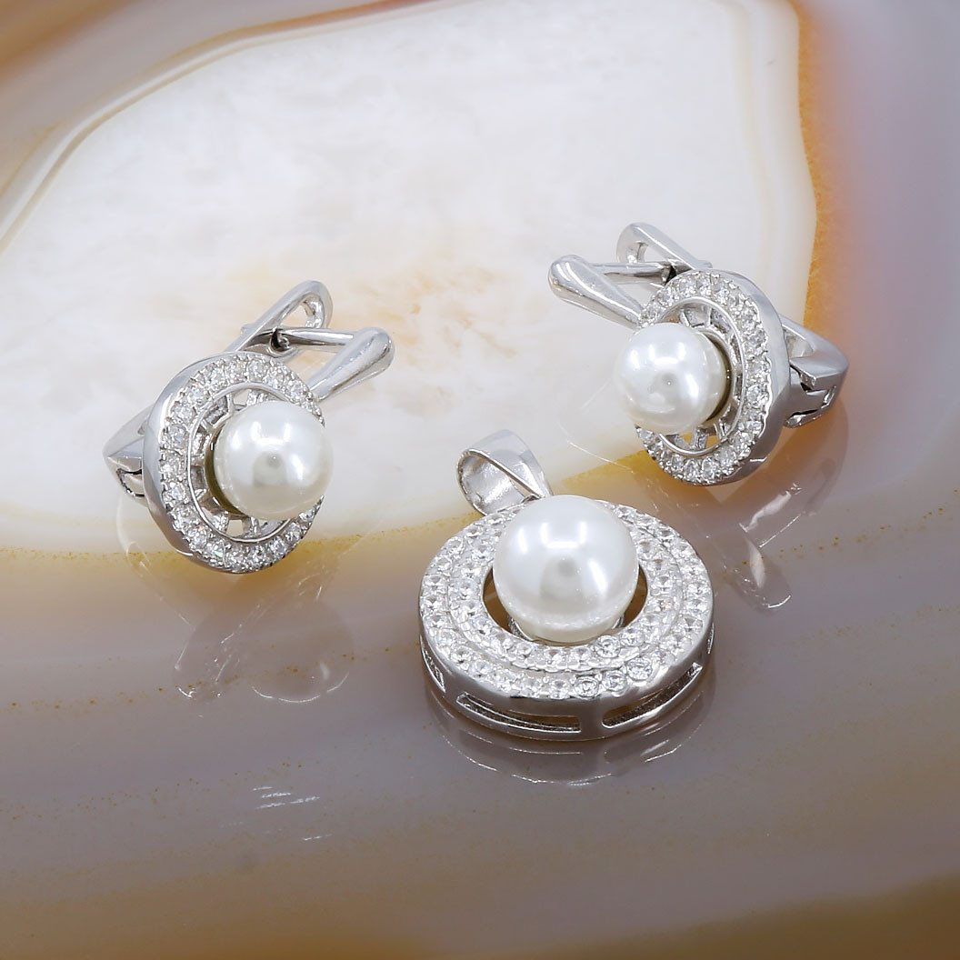 Set din Argint 925 model Rotund cu perle si Cristale Zirconia cod 1488