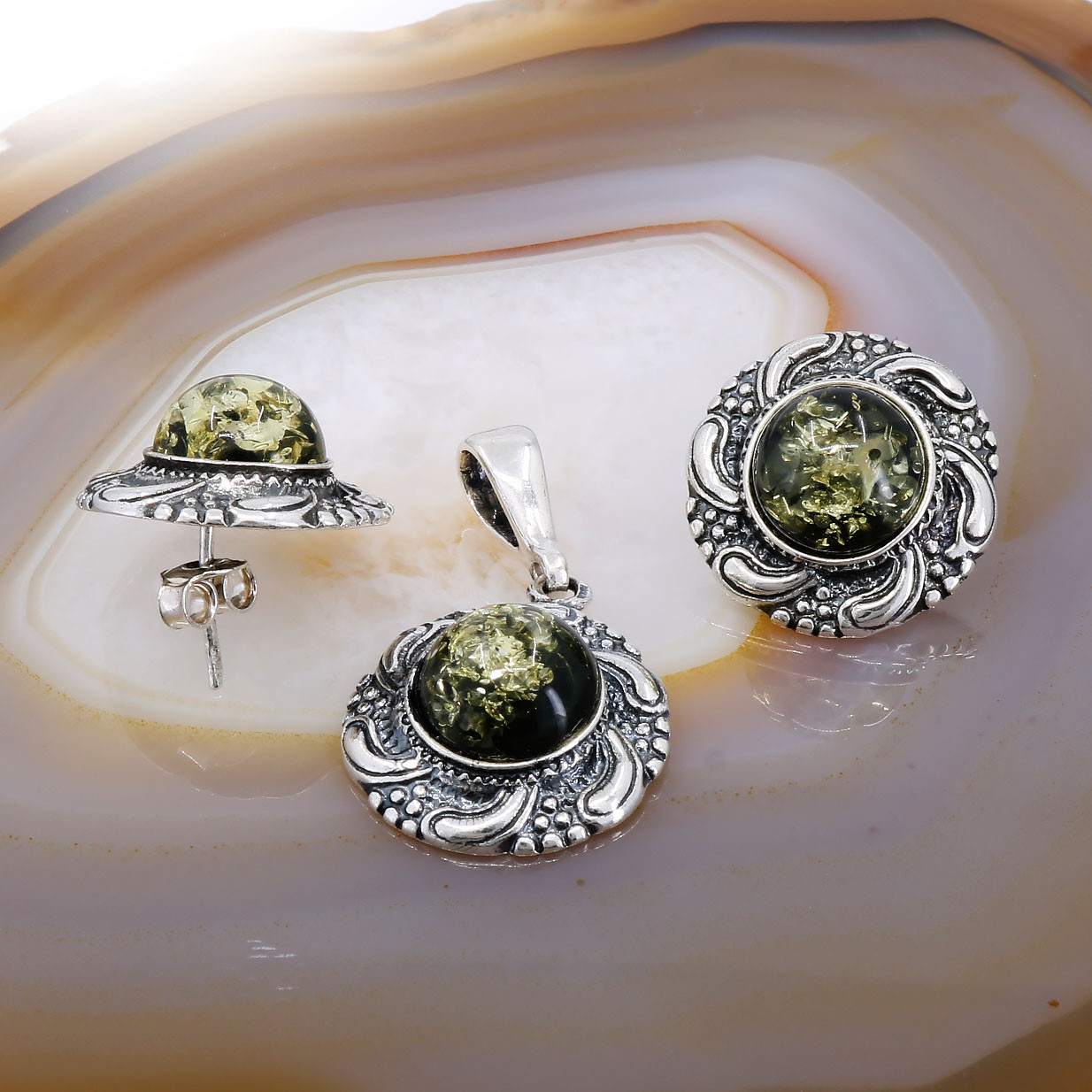 Set model Rotund Vintage din Argint 925 cu Piatra Chihlimbar Verde c1507