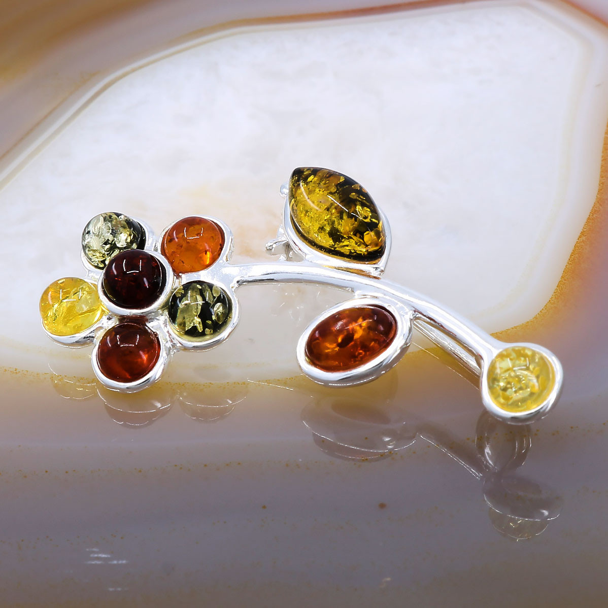 Brosa din Argint 925 model Floare cu Chihlimbar Verde, Galben si Rosu ...