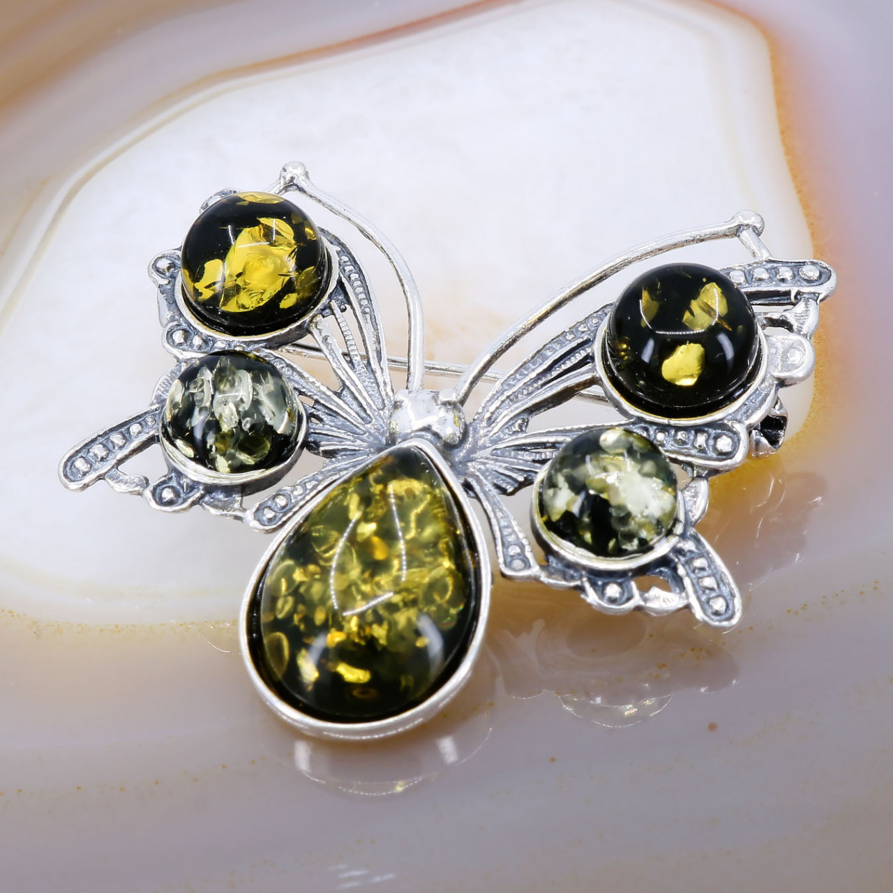 Brosa din Argint 925 model Fluture cu Piatra ChihlimbarVerde cod 307