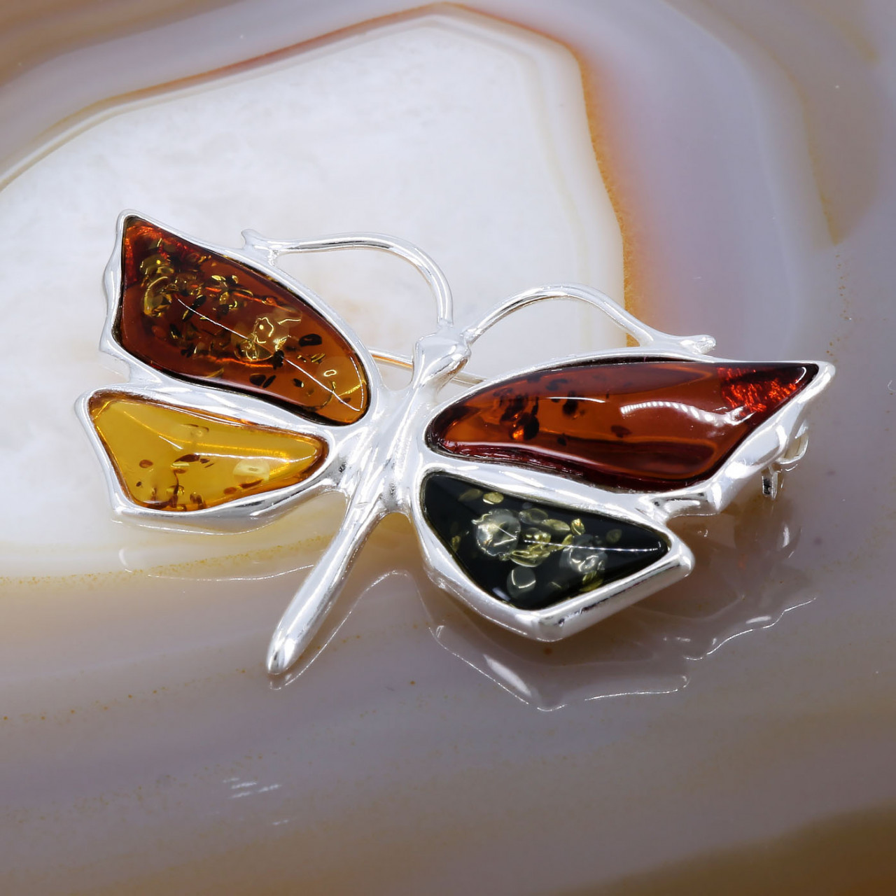 Brosa din Argint 925 model Fluture cu Pietre Chihlimbar cod 318