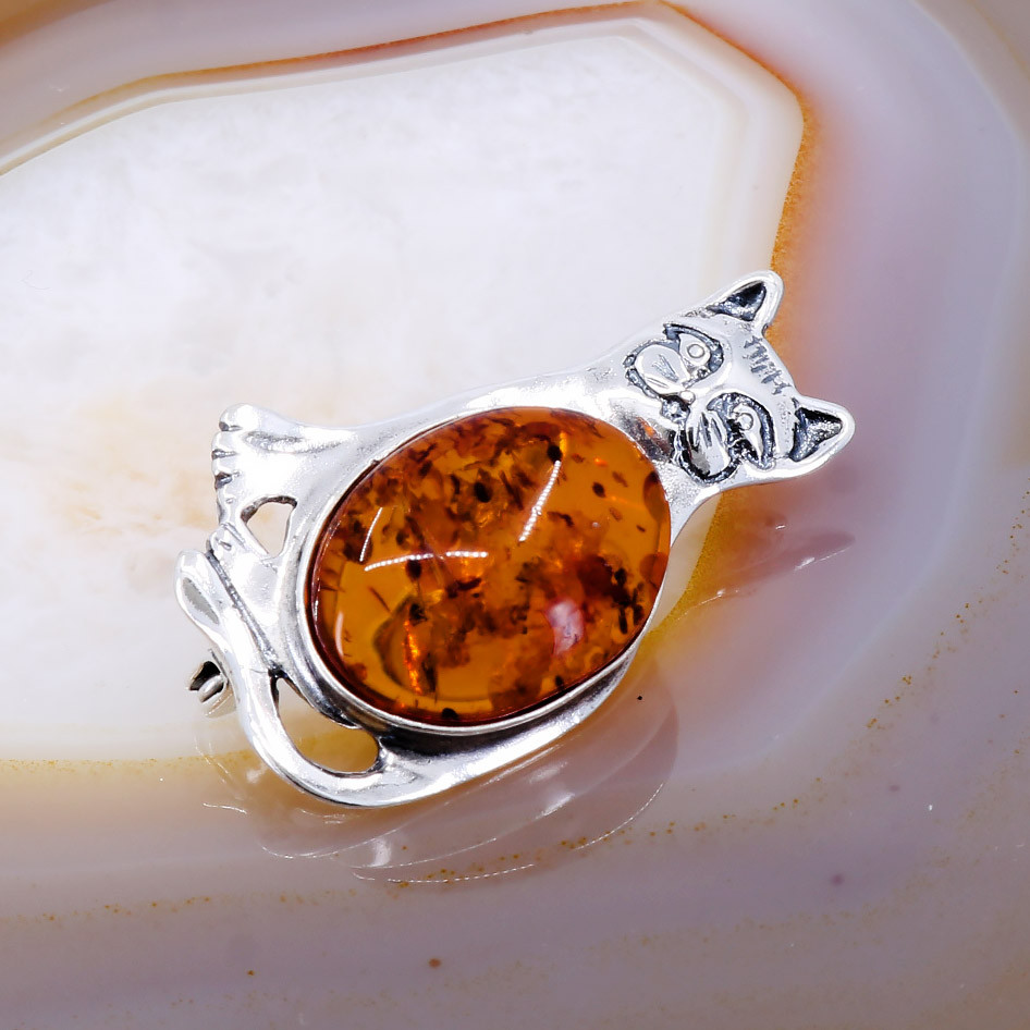 Brosa din Argint model Pisica cu Piatra Chihlimbar Galben c381
