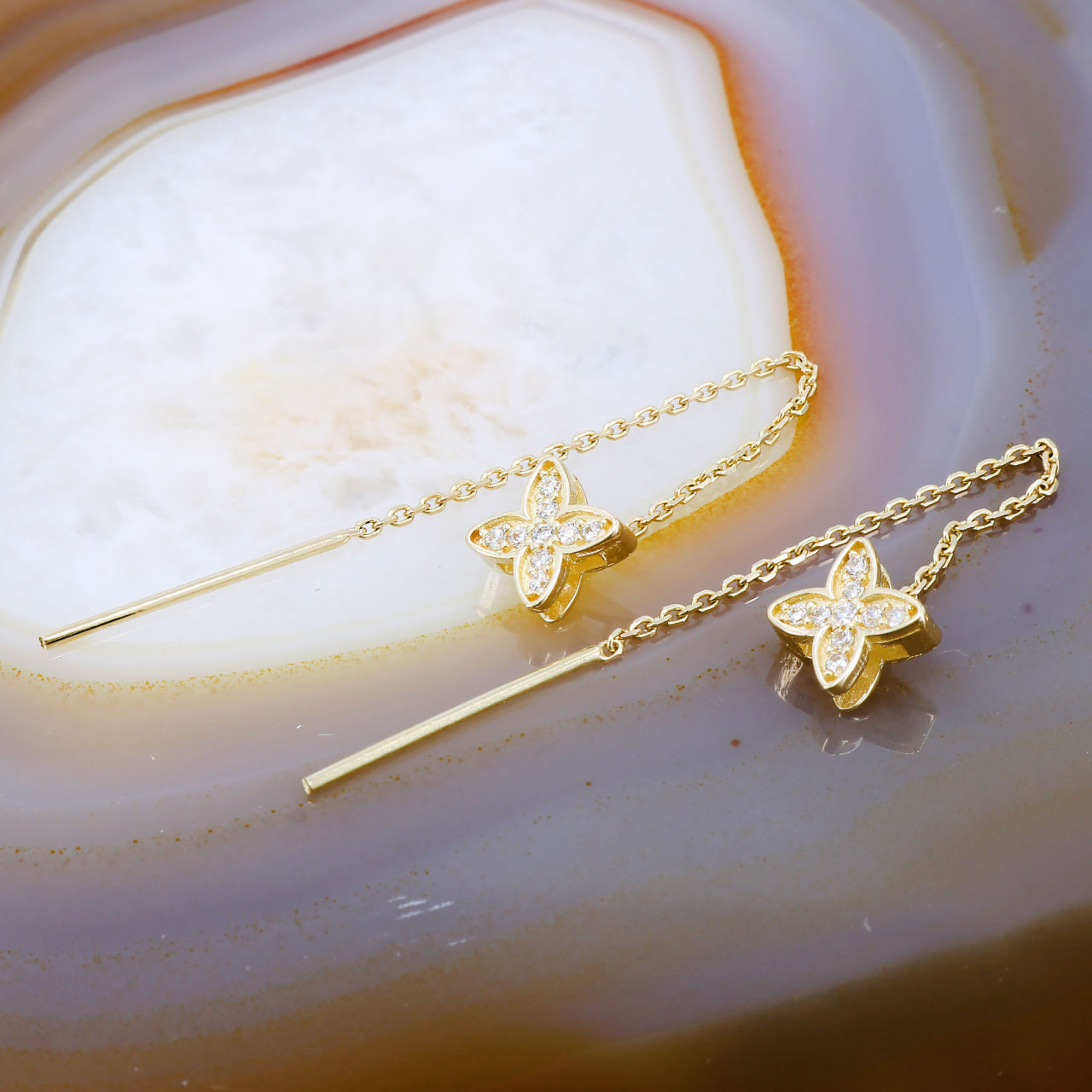 Cercei din Aur 14K 585 model Floare cu fir Lung si Cristale Zirconia au399