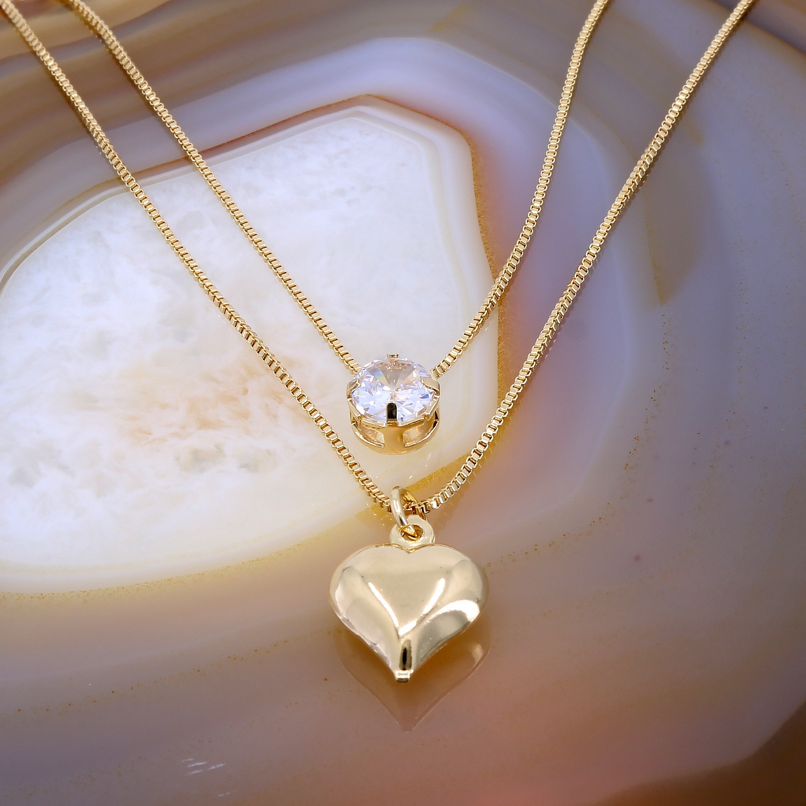 Colier Placat cu aur model 2 fire cu pandantiv Inima si Cristal Rotund ...