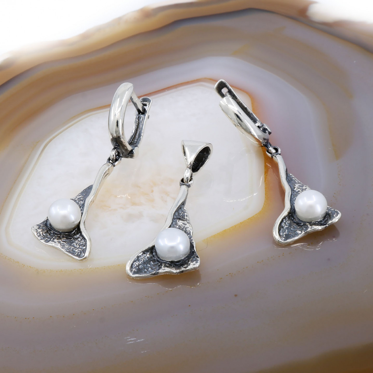 Set din Argint Antichizat 925 model Floare cu perla alba mata cod 1489