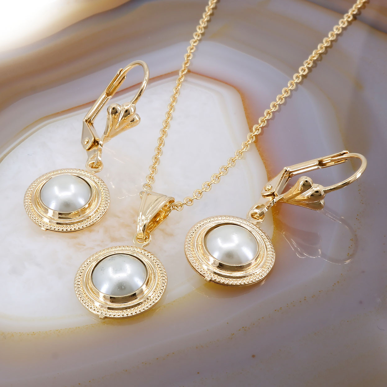 Set Placat cu Aur Galben 18K model Rotund cu Semiperla cod 381