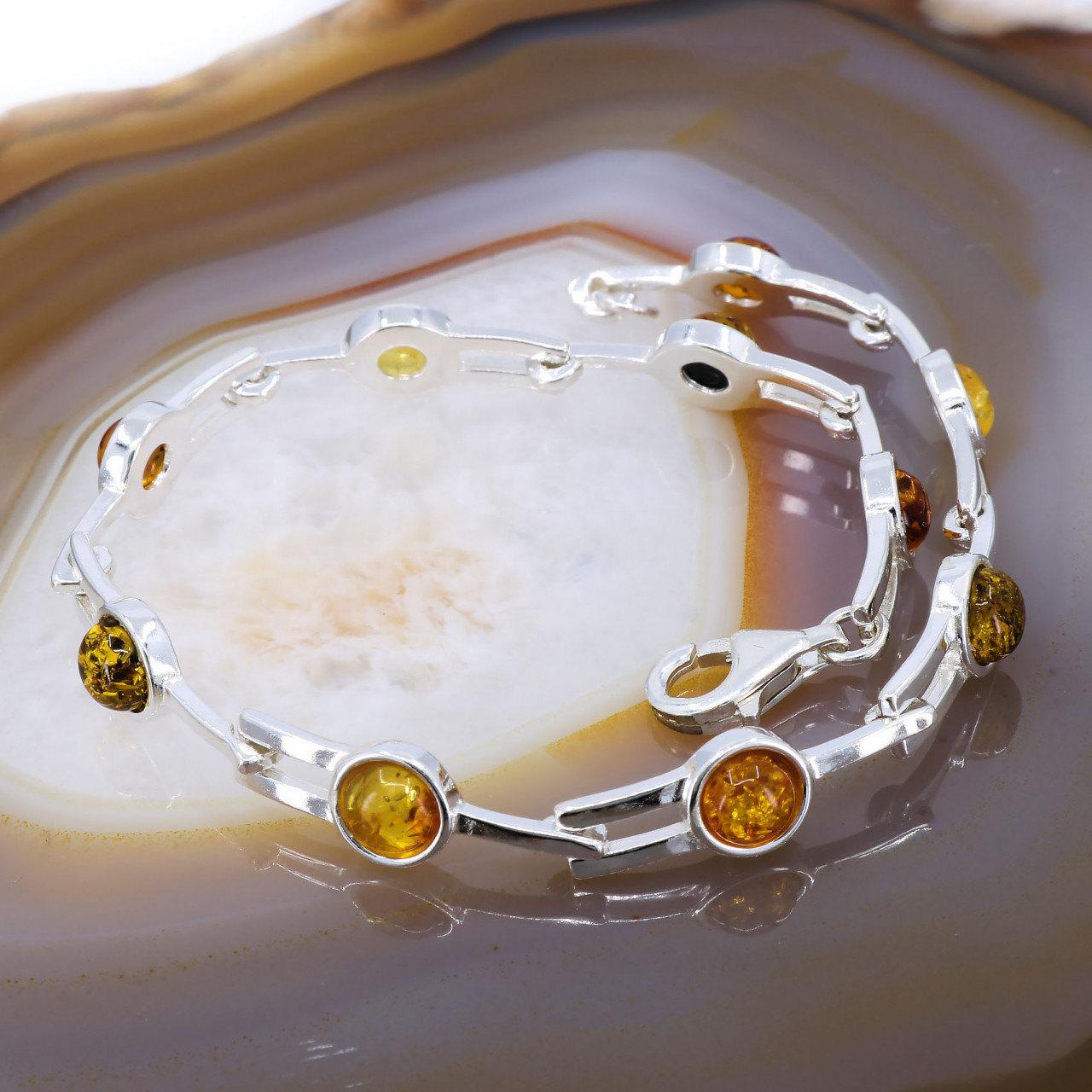 Bratara din Argint 925 cu Pietre forma Romb din Chihlimbar culoare ...