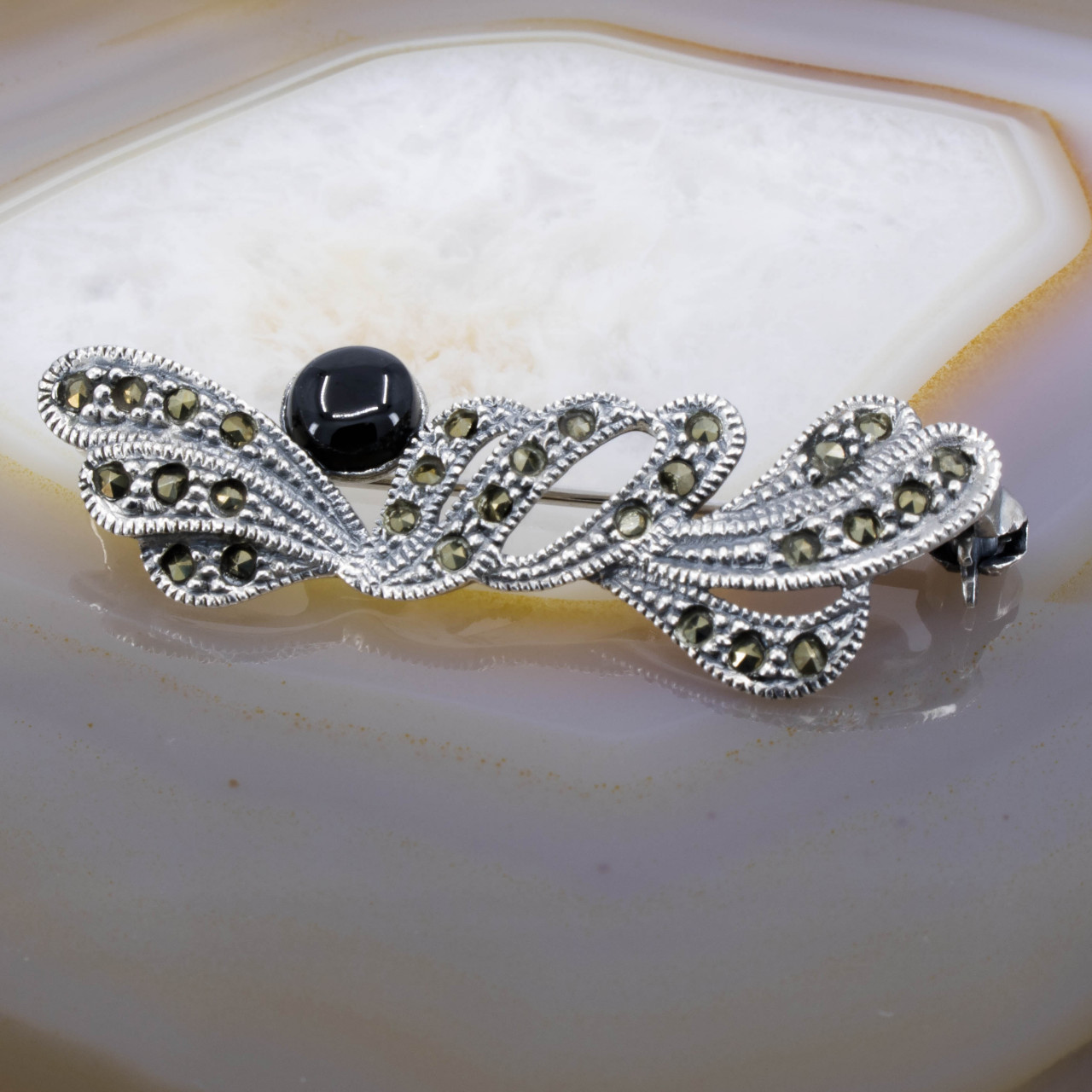 Brosa din Argint 925 model Vintage Antichizat cu Onix Negru si ...