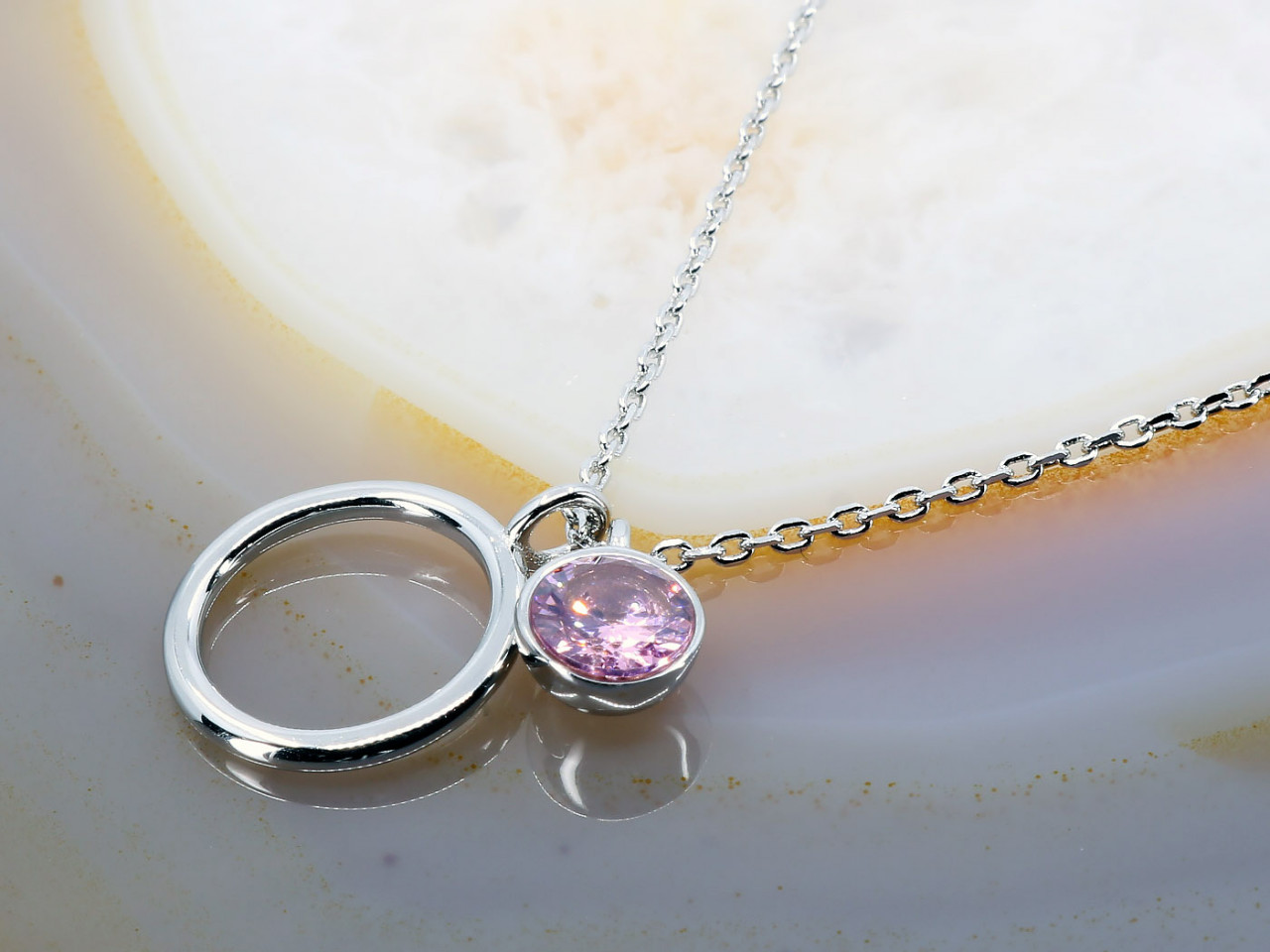 Colier de Argint 925 cu Pandantive Cerc si Cristal Roz Rotund 1144