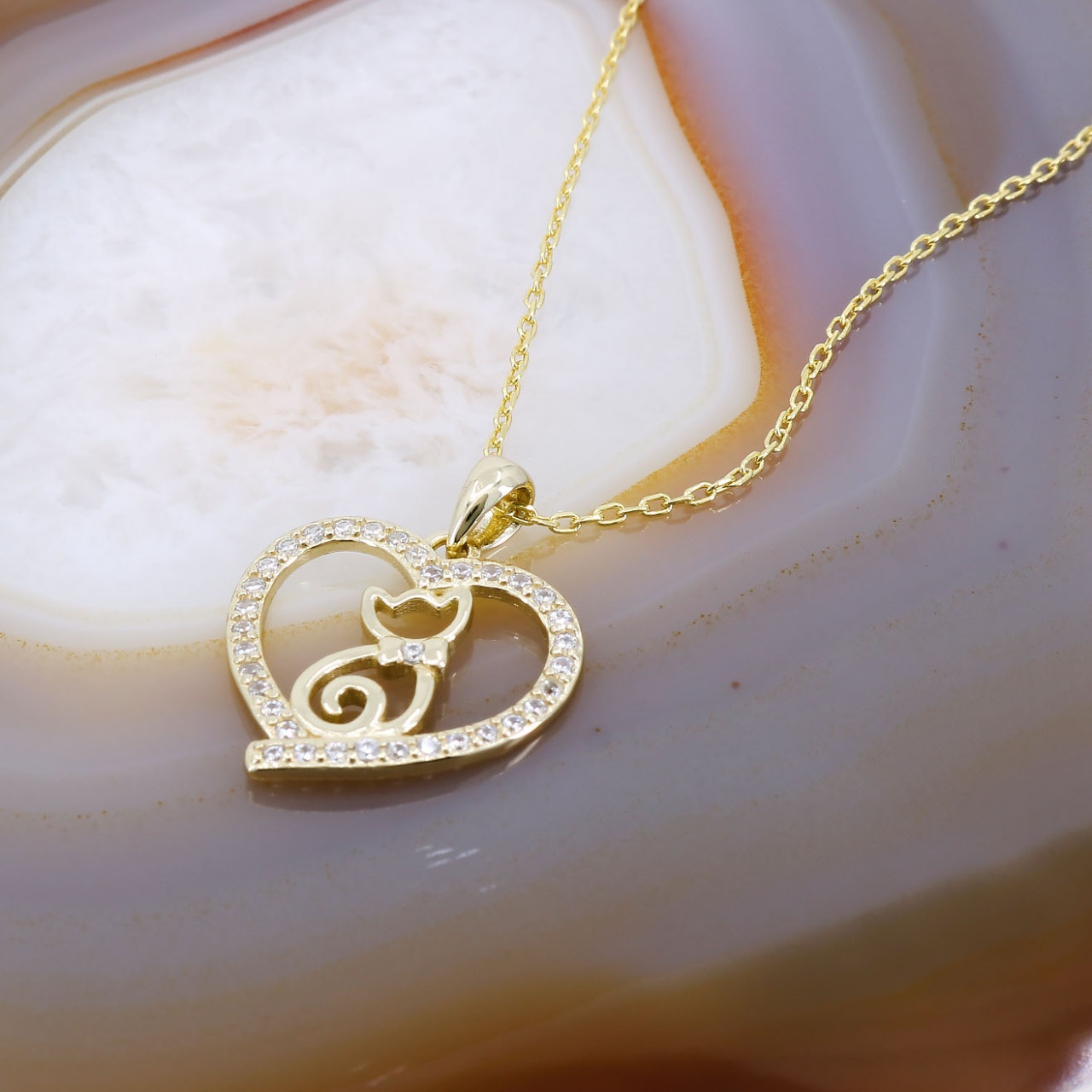 Colier din Argint Placat cu Aur cu Pandantiv Inima si Pisica c1566