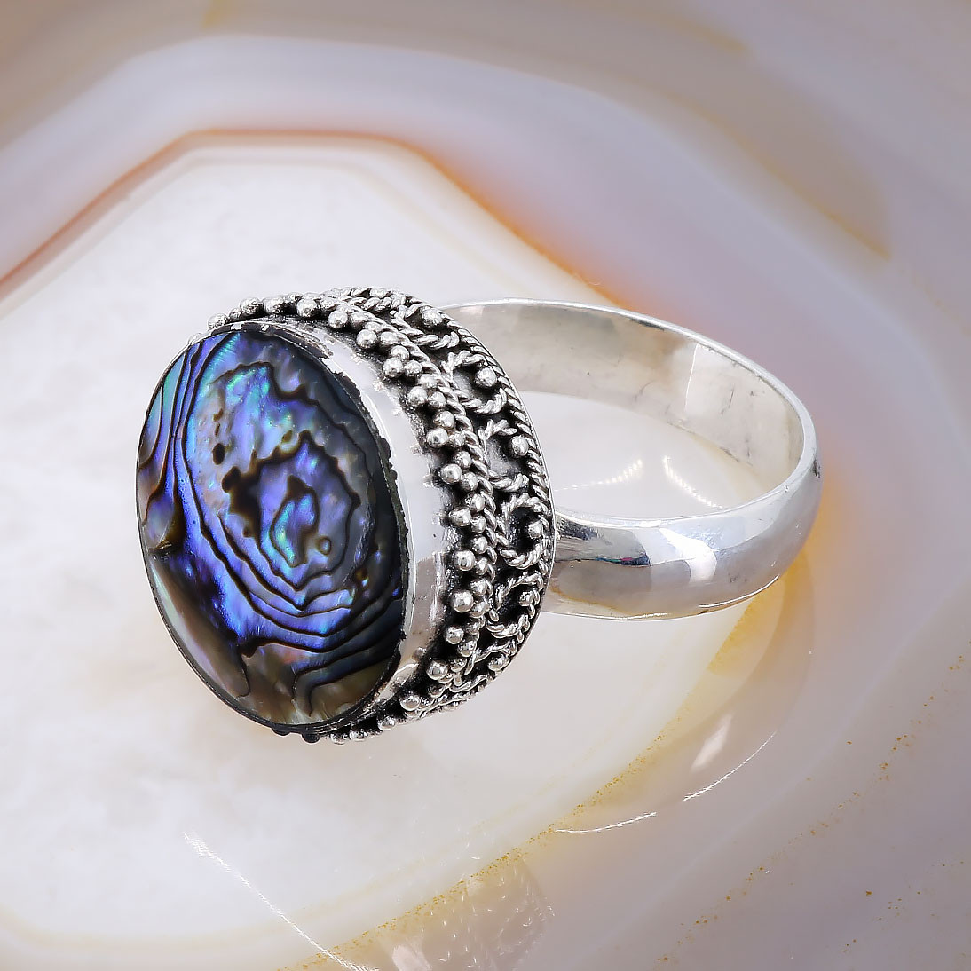 Inel din Argint 925 model Vintage cu piatra Rotunda Abalone Verde c2620