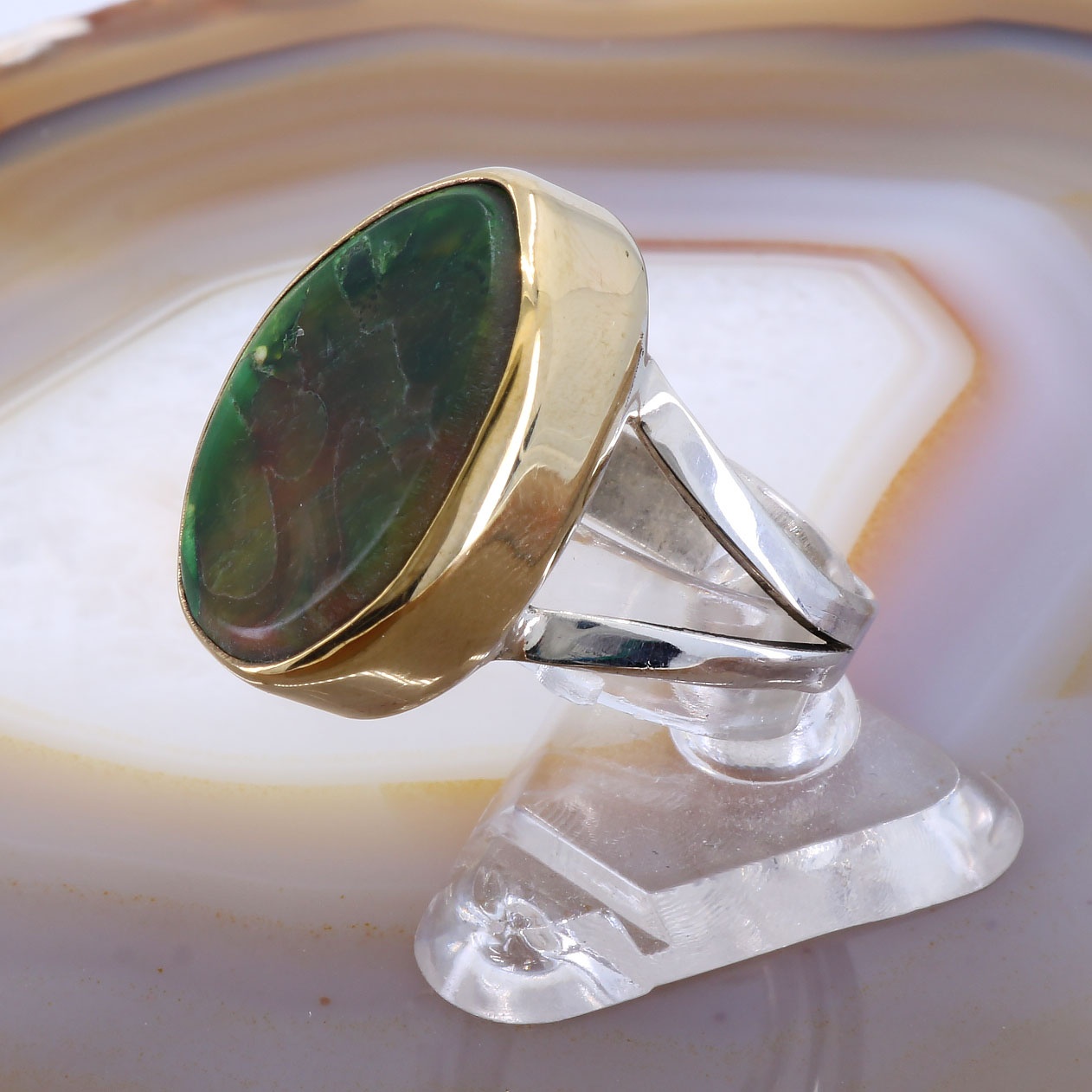 Inel Vintage cu piatra Naturala Verde din Argint Placat cu Aur Galben c2818