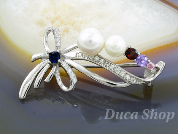 Brosa din Argint 925, model cu Perle si Zirconia , cod 72