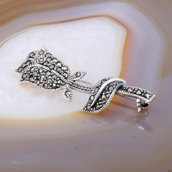 Brosa Floare Lalea din Argint 925 cu Pietre Marcasite c346