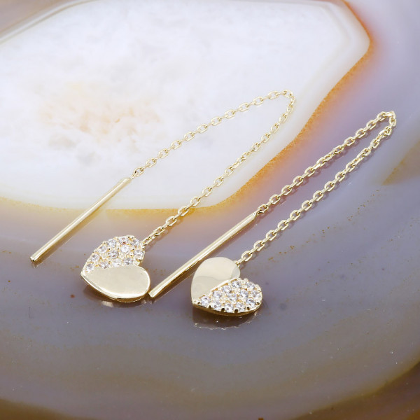 Cercei lungi din Aur 14K 585 cu lantisor, model Inima cu Cristale CZ ...