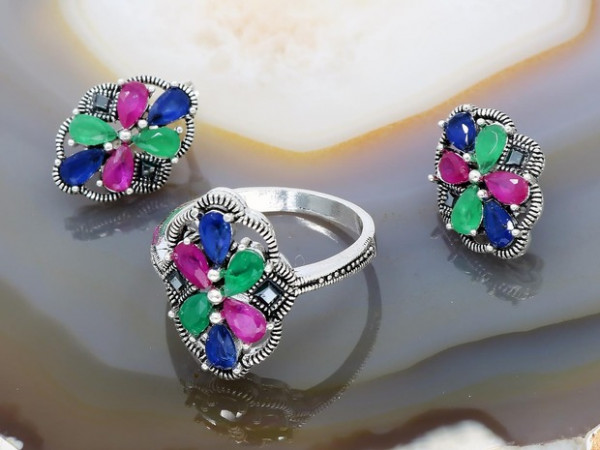 Set Argint 925 cu Cristale Colorate si Marcasite ags1152