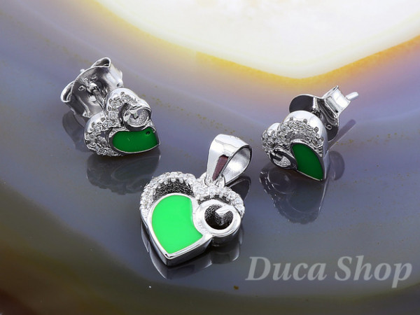 Set din Argint 925, Model Inima cu Email Verde, cod 849