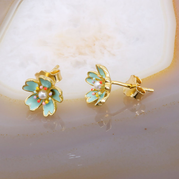 Cercei Floare din Argint Placat cu Aur cu perla si Email c3429