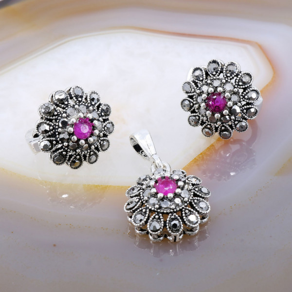 Set Bijuterie din Argint 925 cu Cristale Roz si Marcasite cod 1456