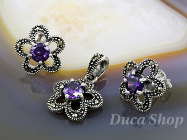 Set din Argint 925, Model Floral, cu Marcasite, cod 774