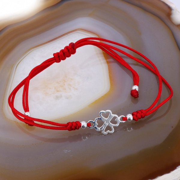 Bratara cu Fir Textil Rosu si Pandantiv din Argint model Trifoi c2488