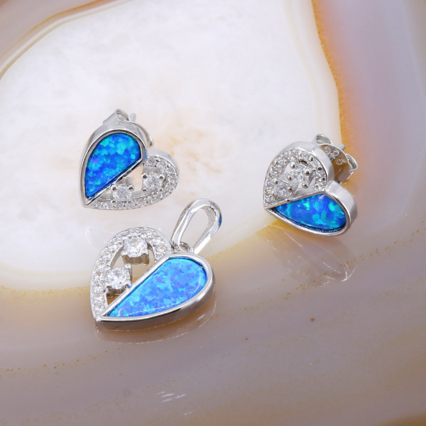 Set din Argint 925 model Inima cu Opal Albastru si Cristale Zirconia c1518