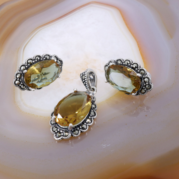 Set Vintage din Argint cu piatra Zultanit si Marcasite c1544