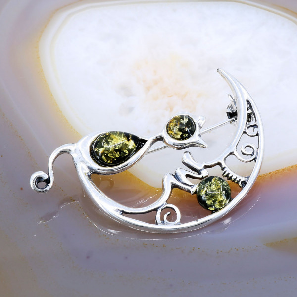 Brosa din Argint 925 model Pisica si Semiluna cu Chihlimbar Verde c285