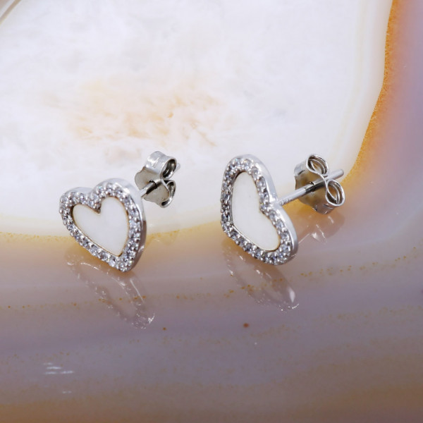 Cercei din Argint model Inima cu Sidef si Cristale Zirconia c3498