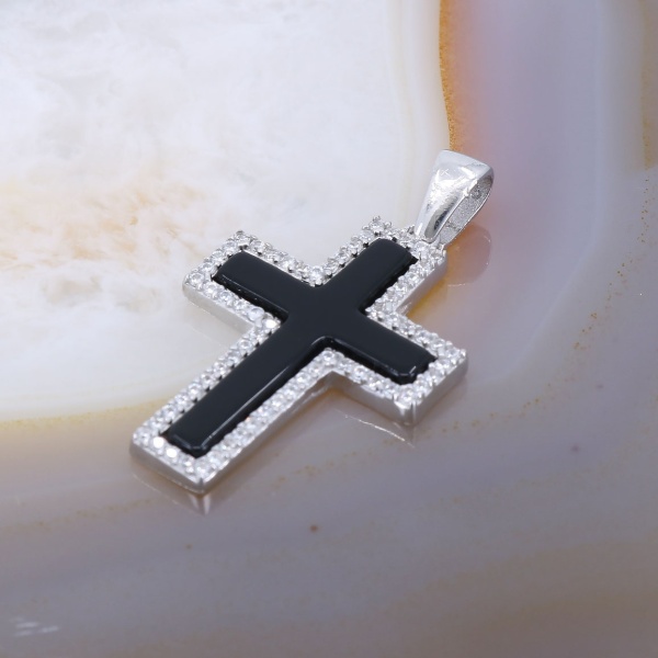 Pandantiv Cruce din Argint cu Cristale Zirconia si model Onix Negru c1257