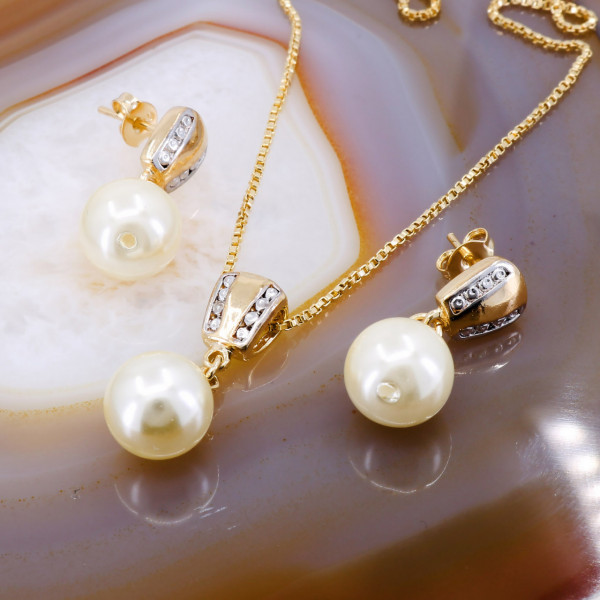 Set Placat cu Aur model Fantezie cu perla Alba si Cristale Zircon c398