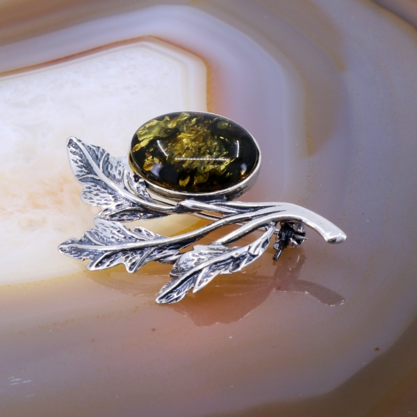 Bijuterie Brosa din Argint model Floare cu Piatra Chihlimbar Verde c432