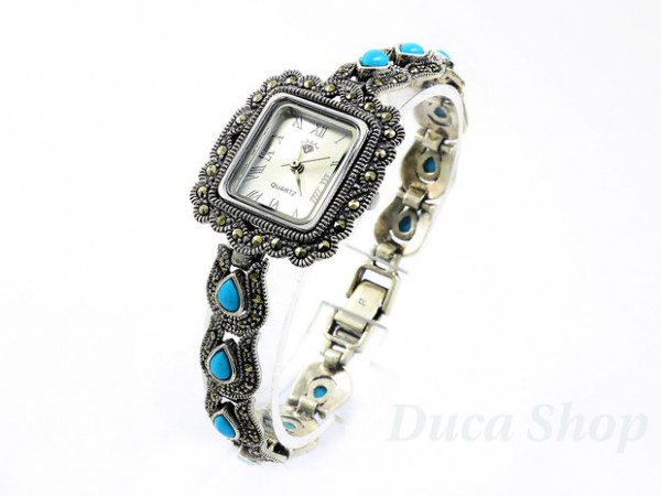 Ceas de Mana din Argint 925 cu Turcoaz si Marcasite, cod 6