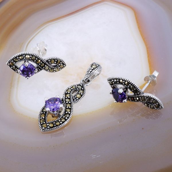 Set Bijuterie din Argint 925 cu Marcasite si Piatra Mov c1510