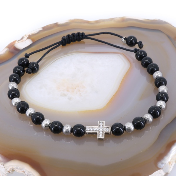 Bratara Cruce cu Cristale si Bilute Onix cu Elemente din Argint 925 c2814