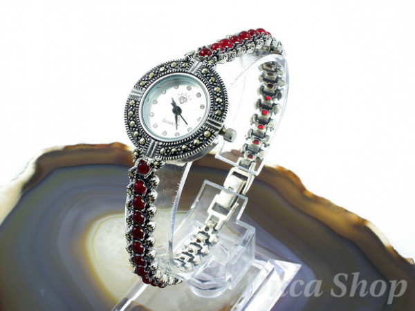 Ceas de Mana din Argint 925 cu Agate Rosii si Marcasite, cod 3