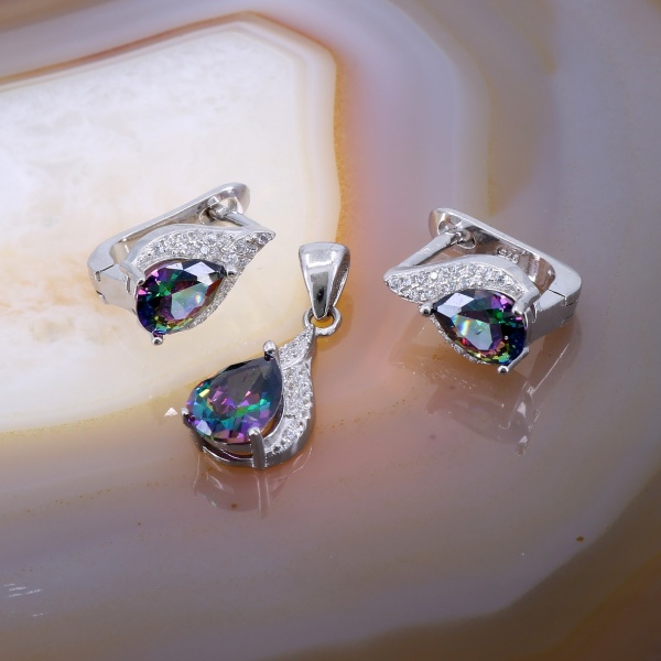 Set Bijuterie din Argint Forma Lacrima cu Piatra Topaz Mistic c1629