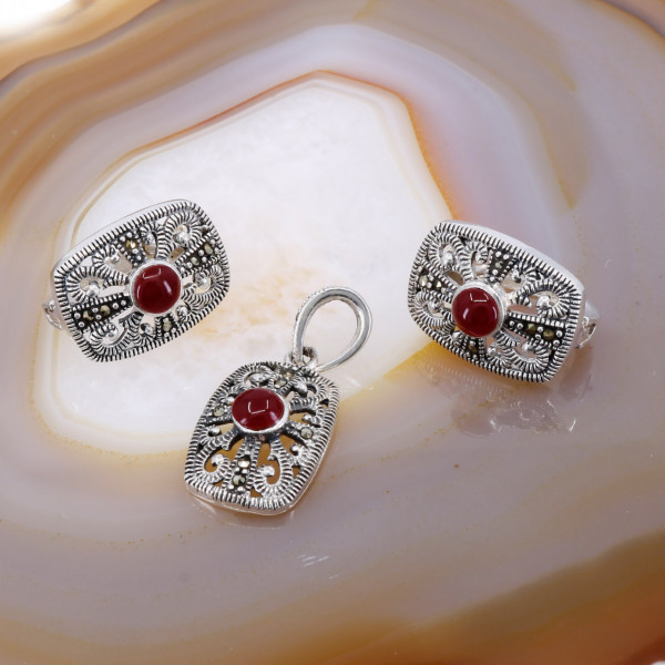 Set din Argint 925 cu Marcasite si Piatra Carneol c1511