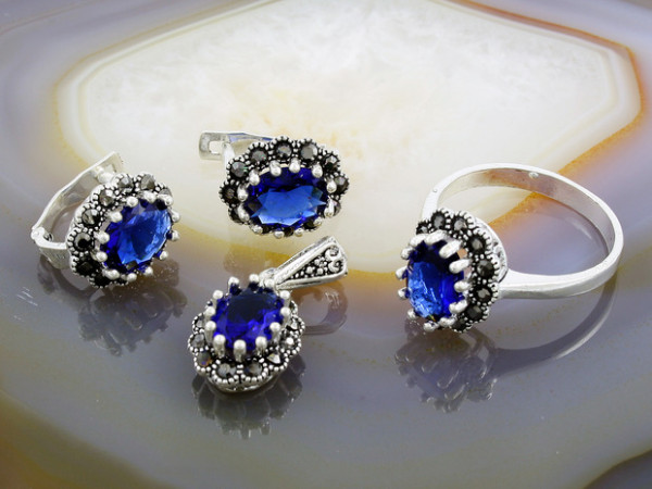 Set din Argint 925, cu Marcasite si Zirconia Albastru ,cod 564