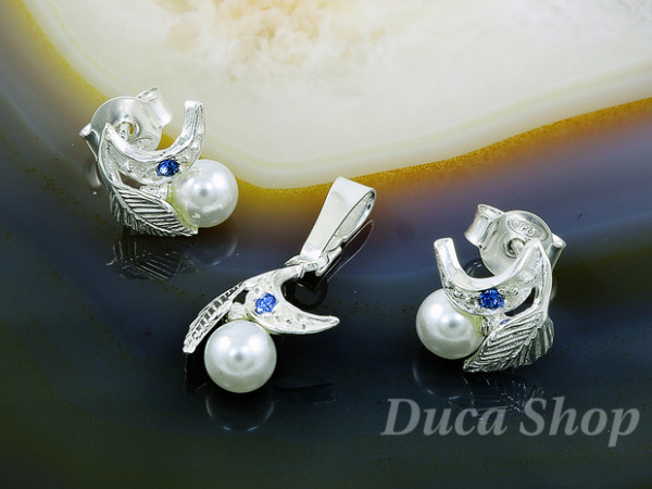 Set din Argint 925, Model Frunza cu Perla si Zirconiu, cod 839