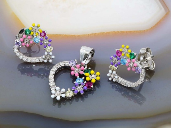 Set din Argint 925 model Inima presarata cu Flori Colorate