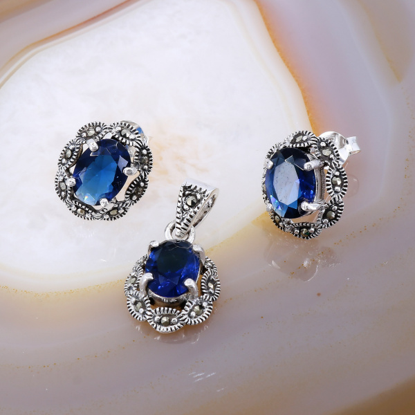 Set Vintage din Argint cu Marcasite si Pietre Albastre c1574