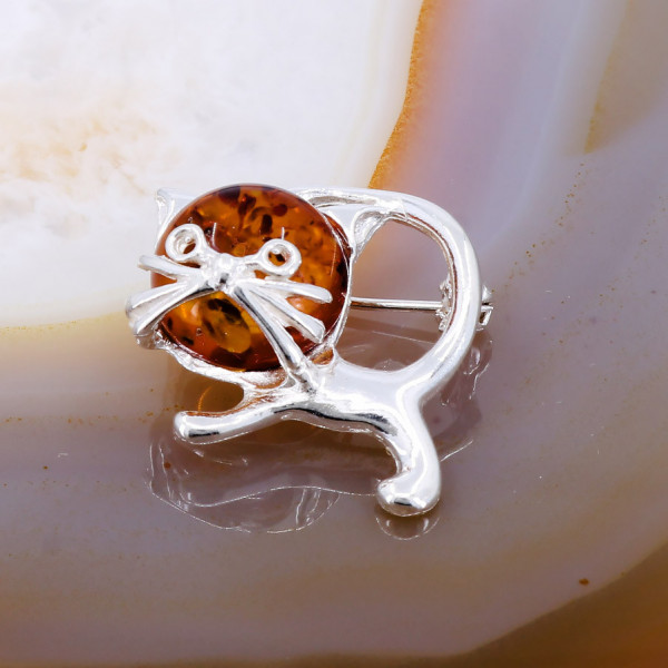 Brosa din Argint 925 model Pisica cu Piatra Chihlimbar c372