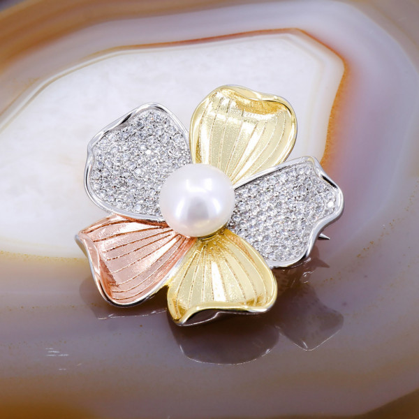 Brosa model Floare din Argint Placat cu Aur Rose si Galben, cu perla c337