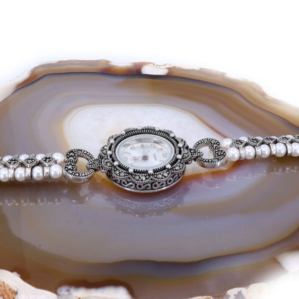 Ceas Bijuterie Din Argint 925 Cadran Soare cu Marcasite si Perle c41