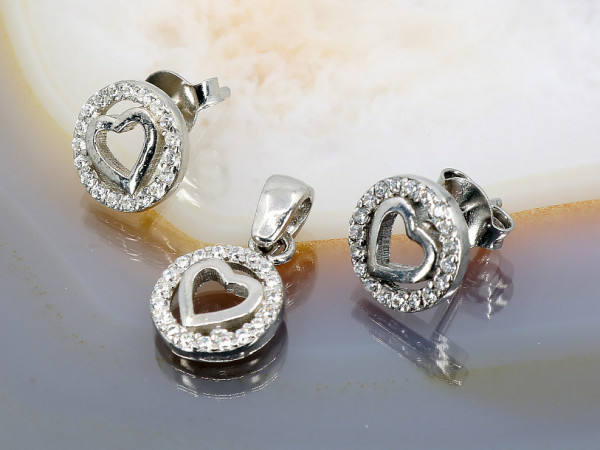 Set de Argint forma Rotunda cu Inima si Cristale